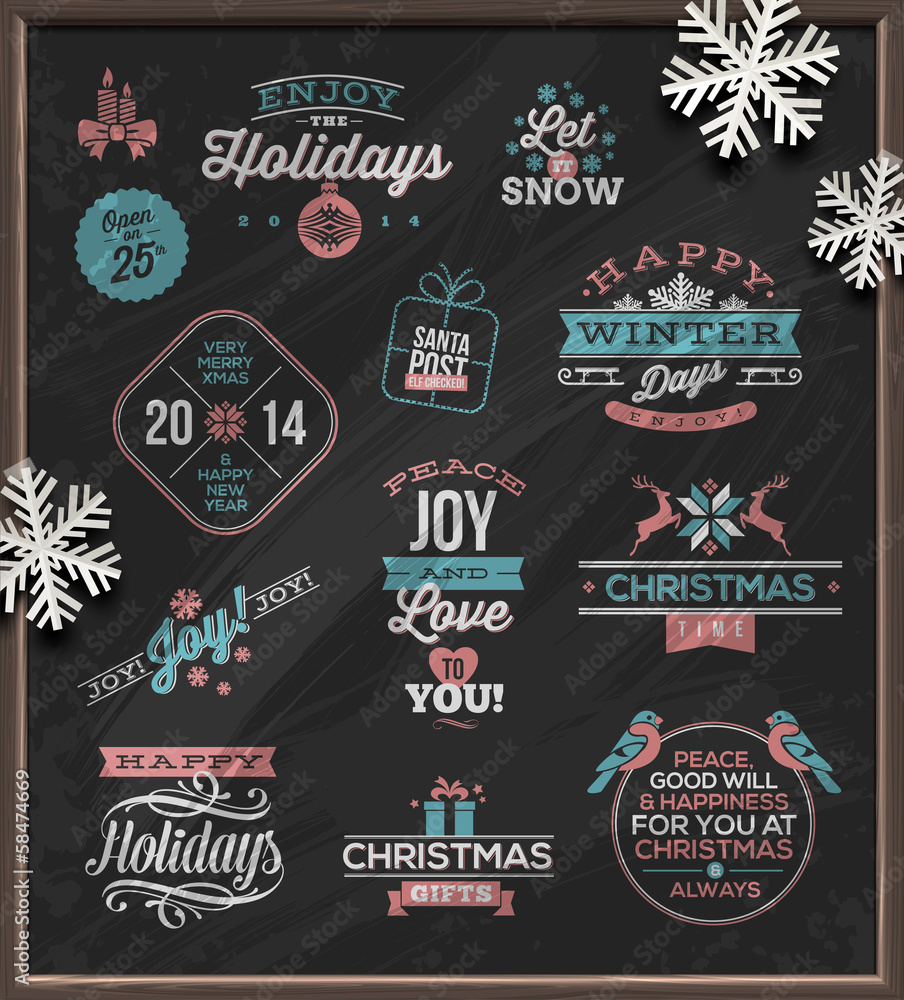 Christmas holidays signs, emblems and greetings on a chalkboard Stock ...