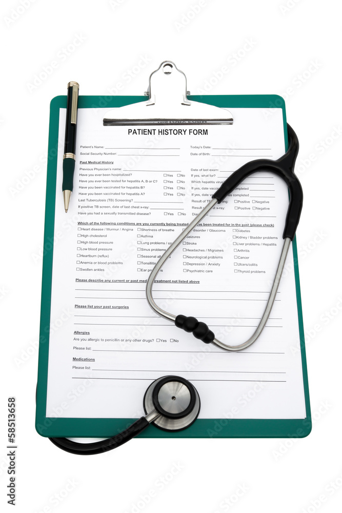 patient history form and stethoscope with clipping path, medical Stock ...