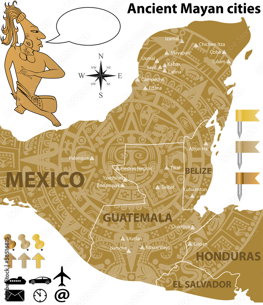 Map of the Mayan cities with ancient calendar Stock Vector | Adobe Stock