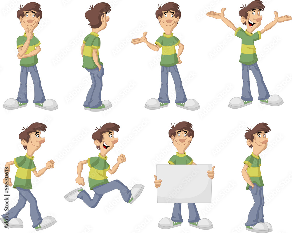 Cartoon man with green shirt on different poses Stock Vector | Adobe Stock