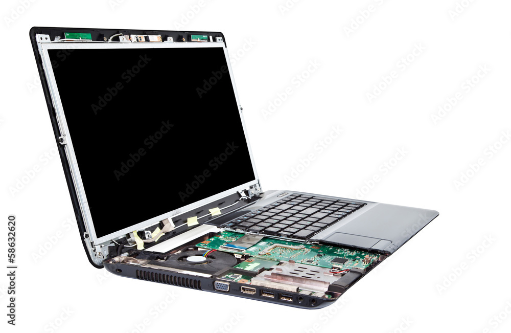 Laptop half disassembled. Laptop repair service Stock Photo | Adobe Stock