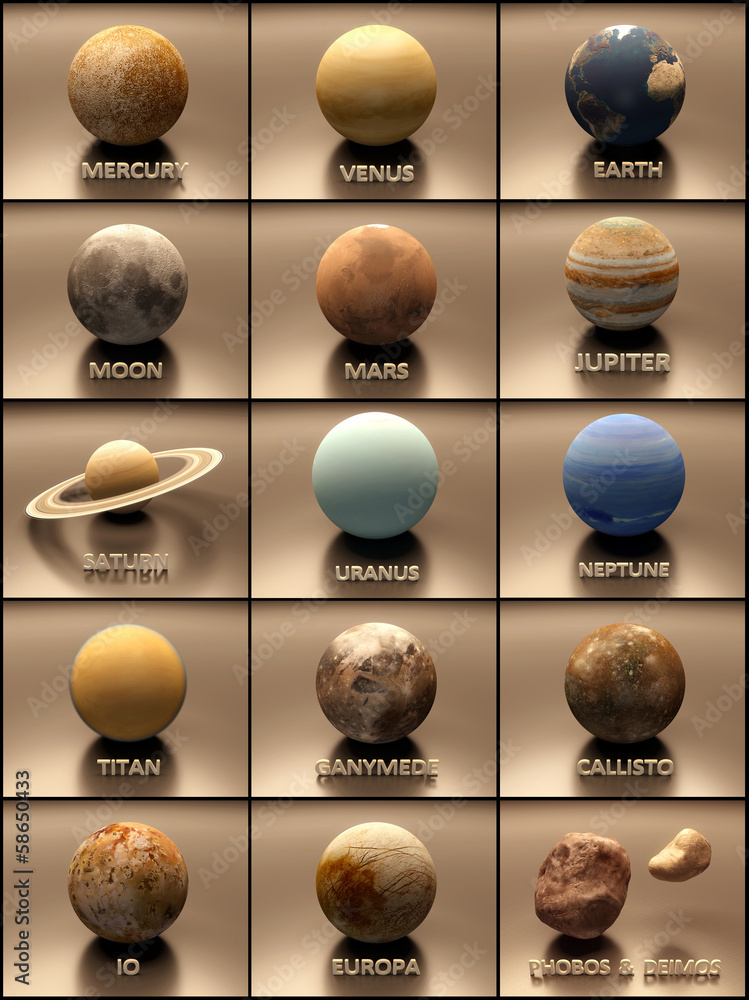 Planets and Moons of the Solar System Stock Illustration | Adobe Stock