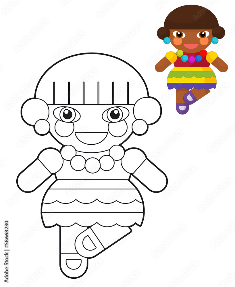 Cartoon girl - doll - coloring page with preview for children Stock ...