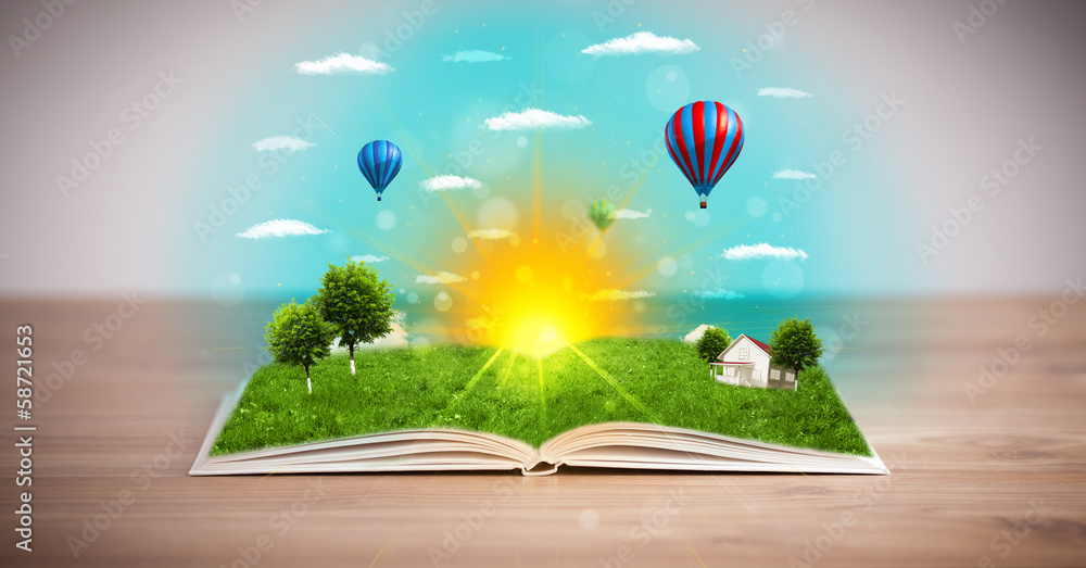 Open book with green nature world coming out of its pages Stock Photo ...