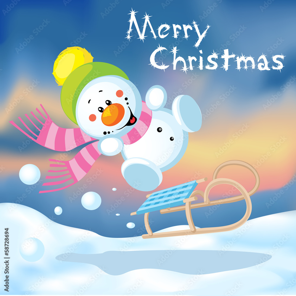funny snowman sledding Stock Vector | Adobe Stock