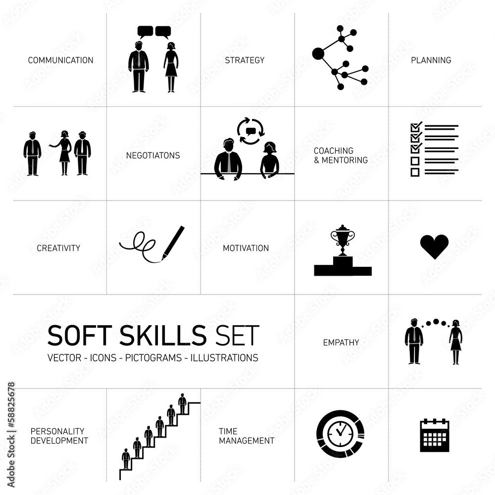 Soft skills vector icons set black on white background Stock Photo ...