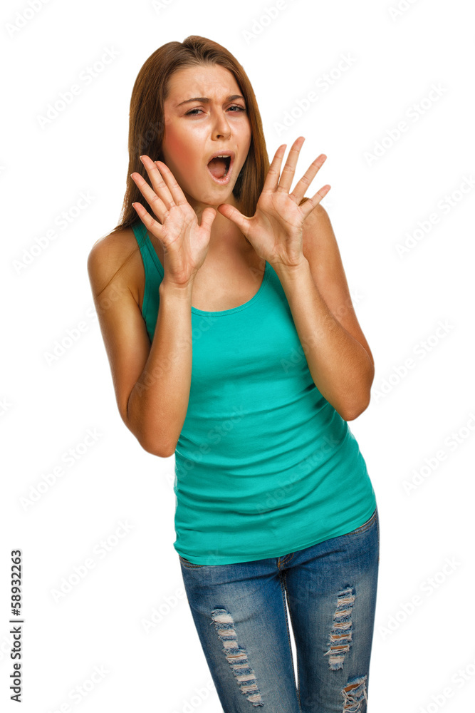 woman screaming wild hair opened her mouth hands to his head emo Stock Photo | Adobe Stock