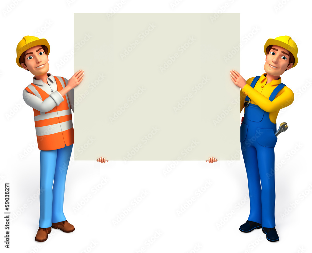 worker and plumber with sign Stock Illustration | Adobe Stock