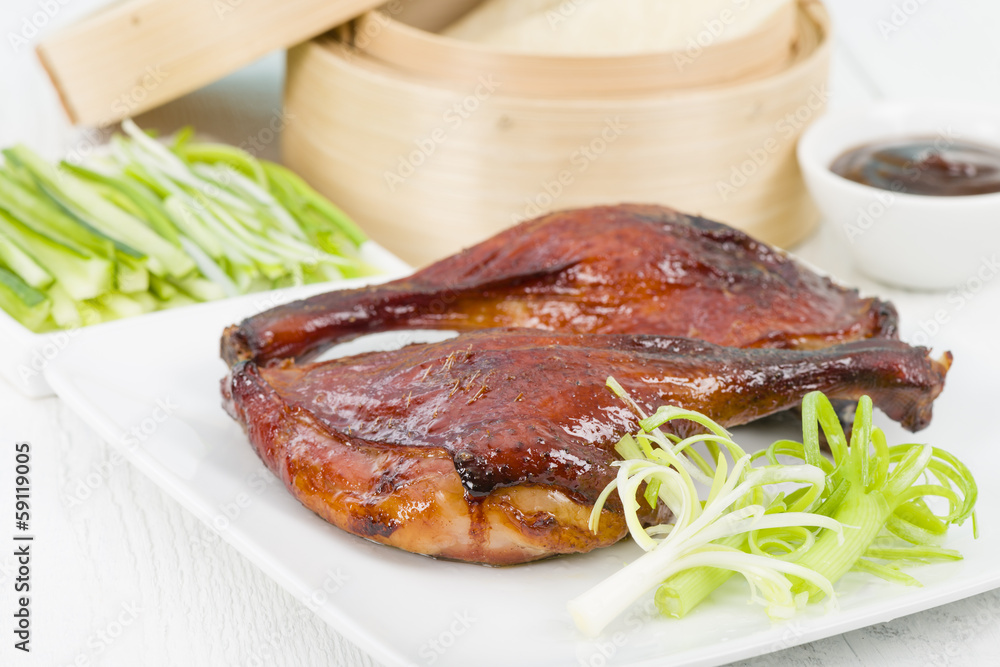 Peking Duck - Chinese duck with hoisin, cucumber & spring onion Stock ...