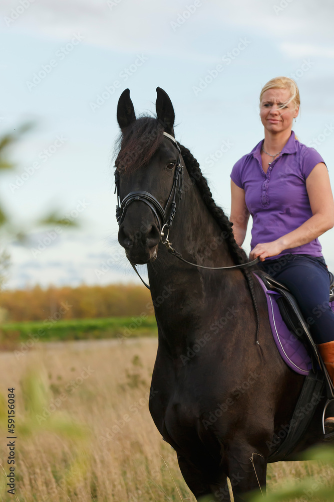 Blonde Reiterin auf Friese Stock-Foto | Adobe Stock