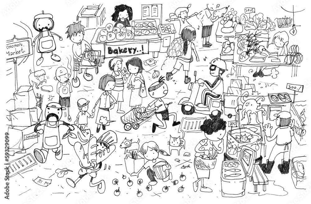 Black and white drawing of busy market cartoon Stock Illustration ...