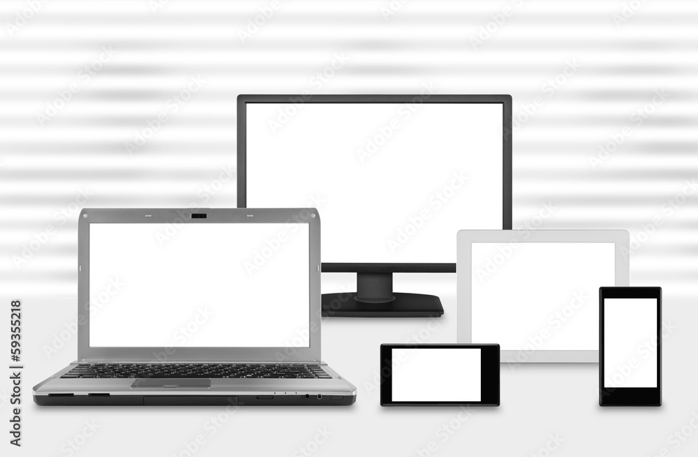 Computer monitor screens on venetian blind background Stock Photo ...