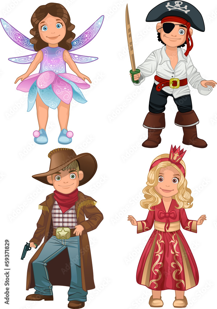 cute teens in costumes of pirate, fairy, cowboy and princess Stock ...