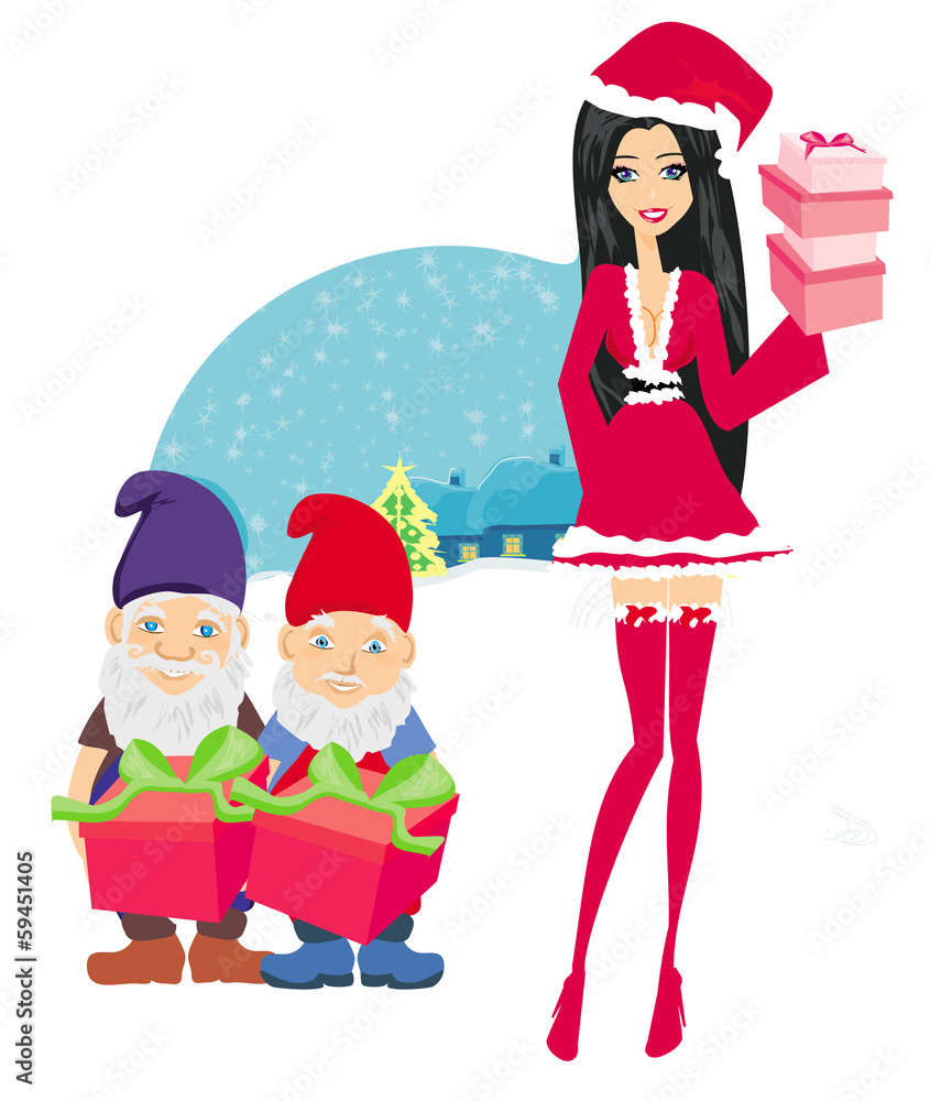 beautiful pin-up girl in Christmas inspired costume and dwarfs h Stock ...