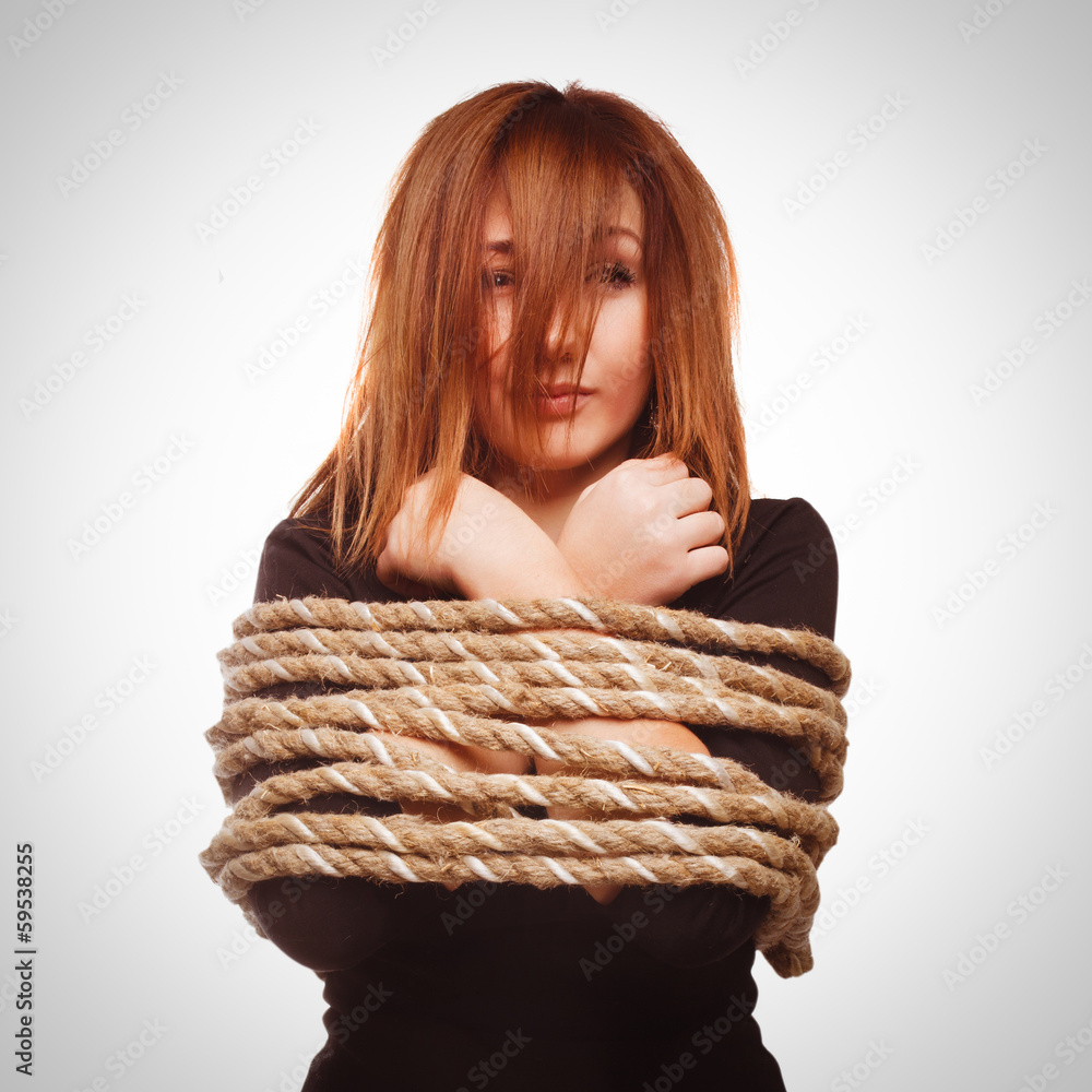 woman prisoner tied rope hostage female bondage bound girl slave Stock Photo | Adobe Stock