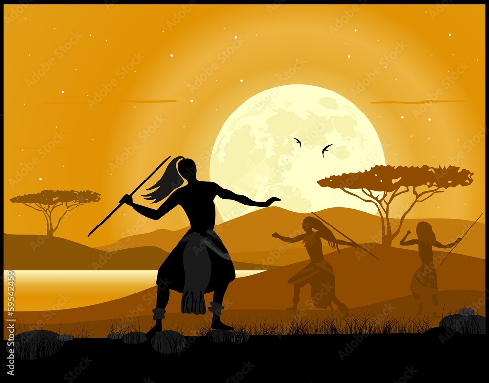 Africa landscape background. African hunters and moon rise Stock Vector ...