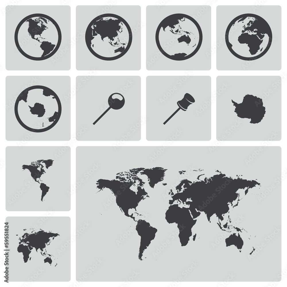 Vector black world map icons set Stock Vector | Adobe Stock