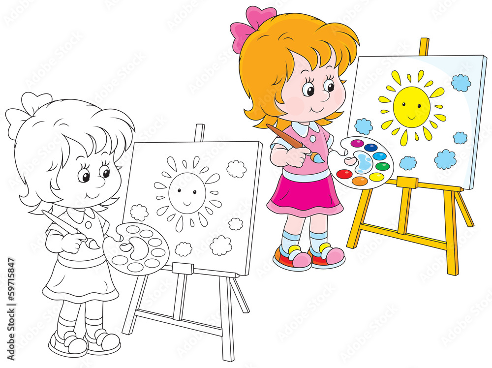 Girl drawing a picture with a smiling sun Stock Vector | Adobe Stock