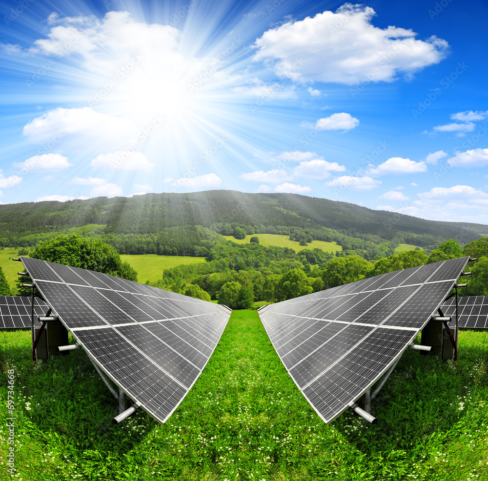 Solar energy panels in spring landscape Stock Photo | Adobe Stock