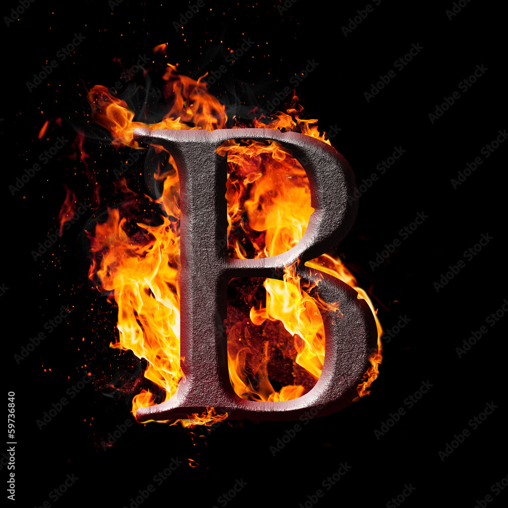 High res iron letter B illustration in fire on black background Stock ...