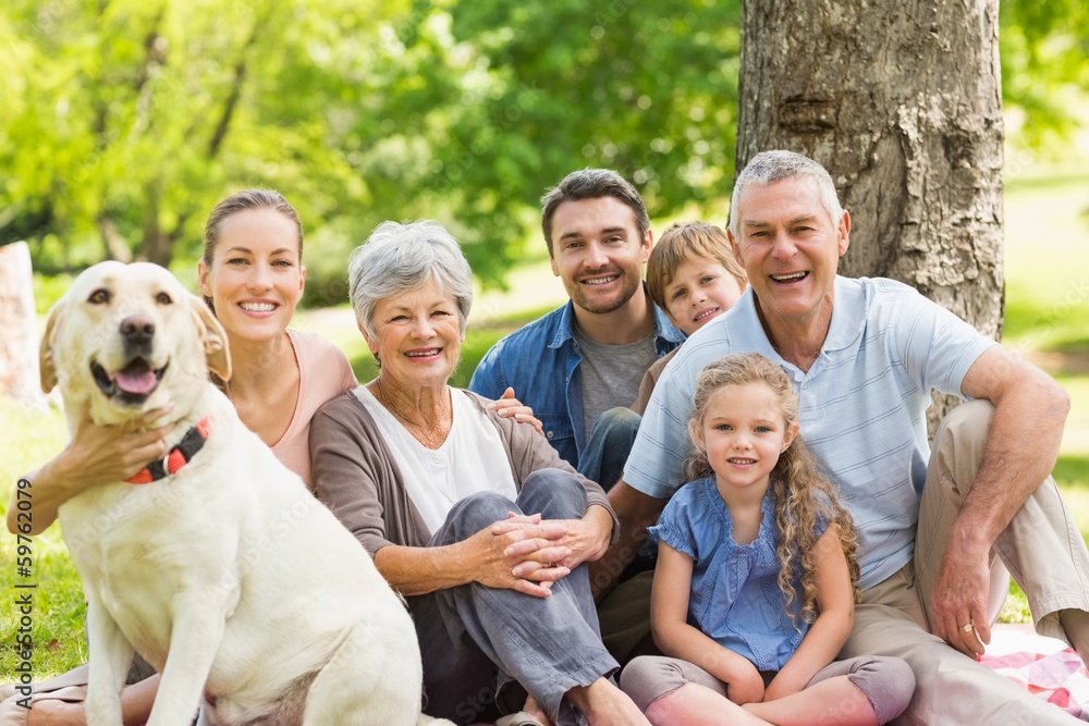 Extended family with their pet dog at park Stock-Foto | Adobe Stock