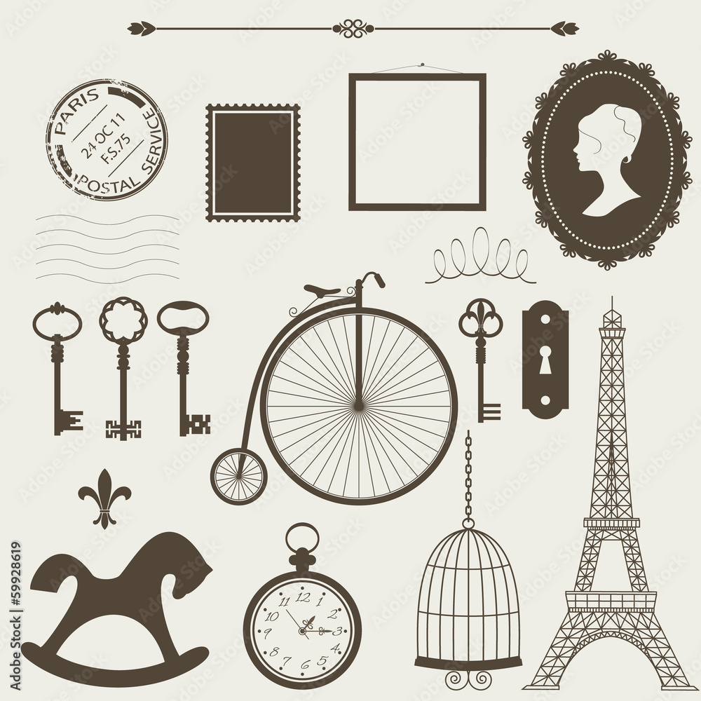 Vintage objects silhouettes vector set. Stock Vector | Adobe Stock