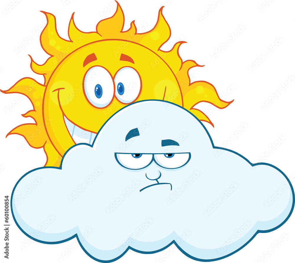 Happy Sun Smiling Behind A Sad Cloud Cartoon Mascot Characters Stock ...