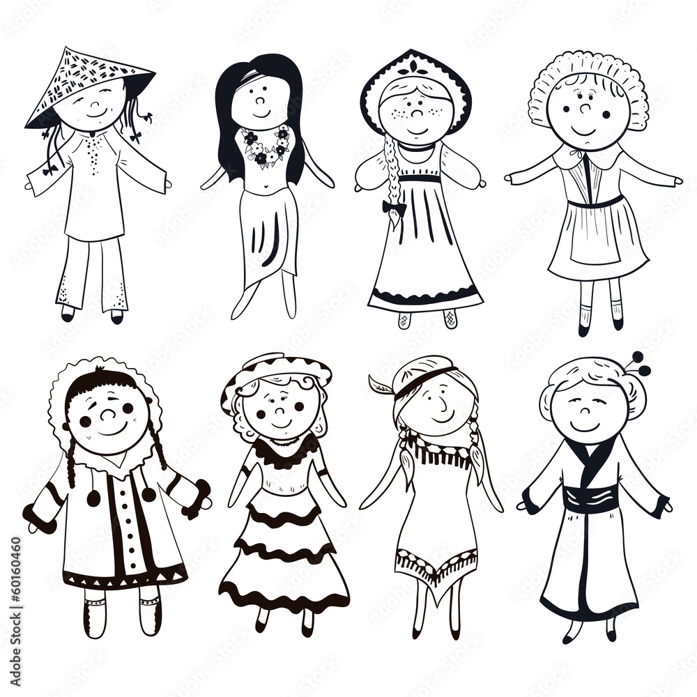 Cartoon women in different traditional costumes Stock Vector | Adobe Stock