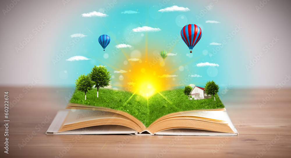 Open book with green nature world coming out of its pages Stock Photo ...