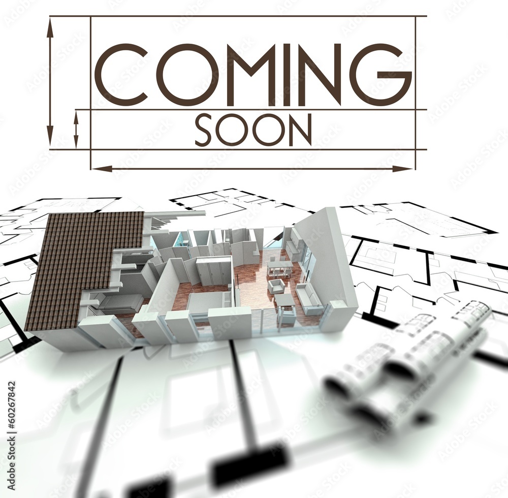 Coming soon sign, project of house on blueprints Stock Illustration ...