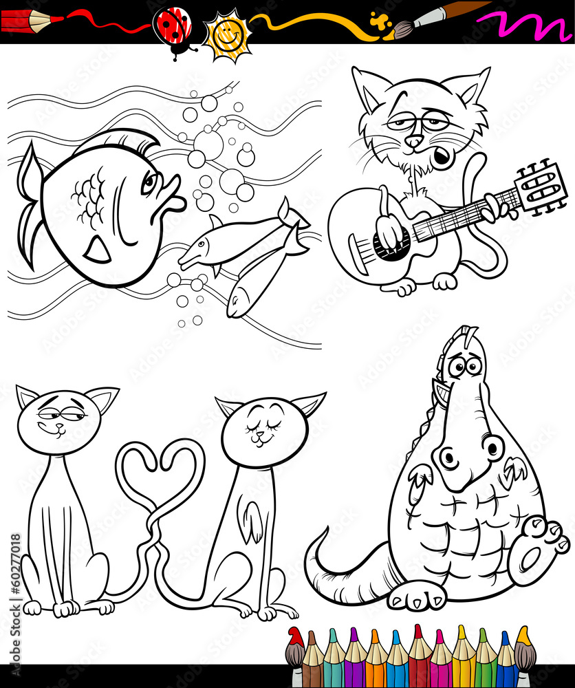 Vetor de cartoon characters set for coloring book do Stock | Adobe Stock