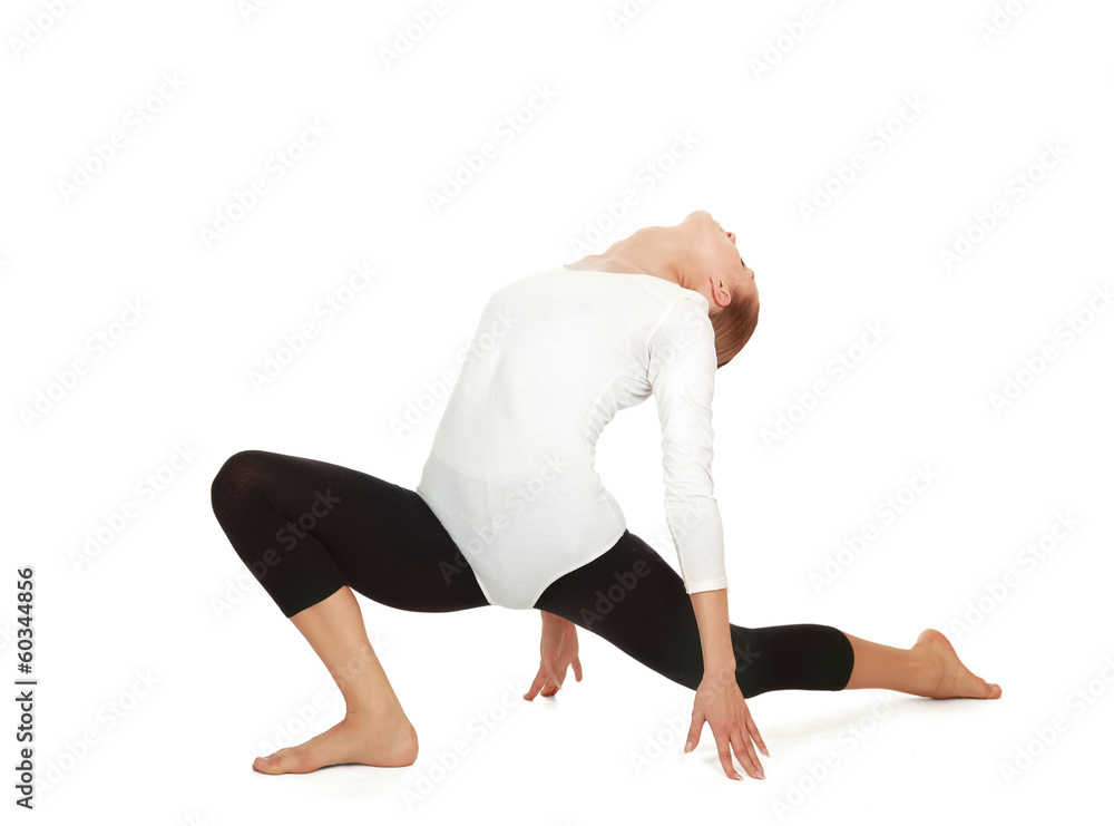 Gymnast girl in flexible back pose, isolated on white background Stock ...