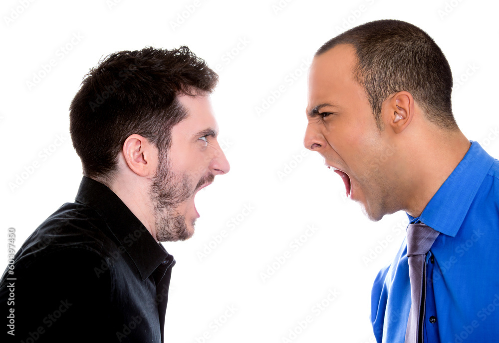 two angry men pointing fingers at each other blaming for problem Stock ...