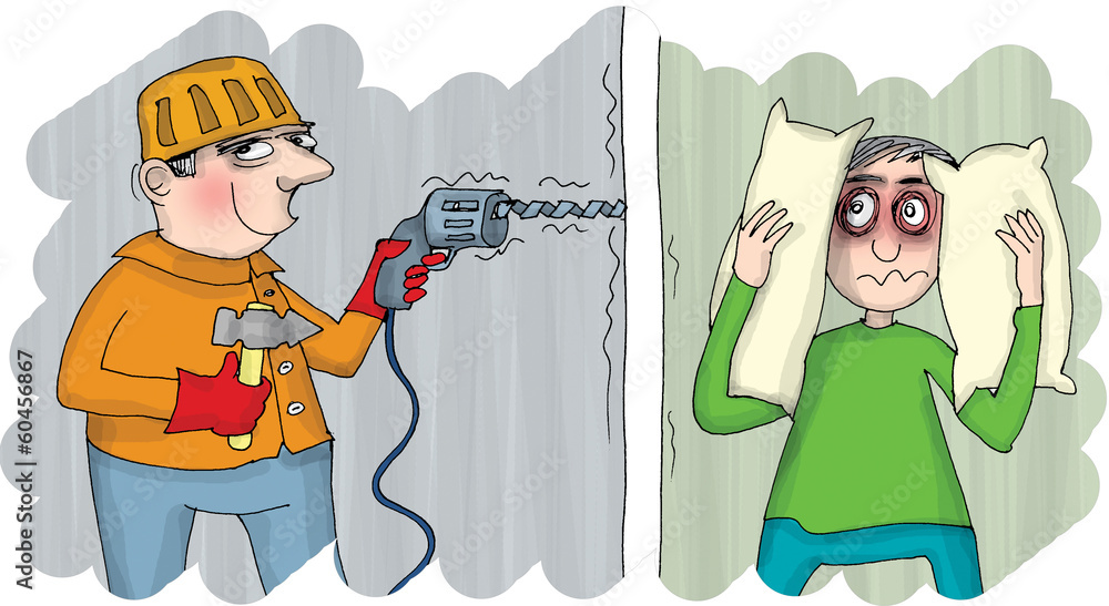 Noise at home.Construction worker drilling and man covering his Stock ...