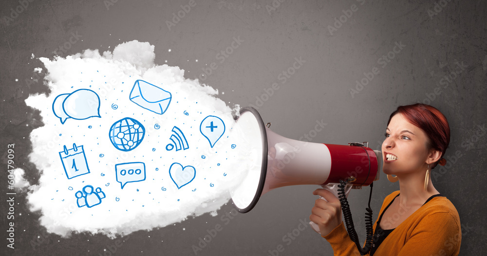 Woman shouting into loudspeaker and modern blue icons and symbol Stock ...