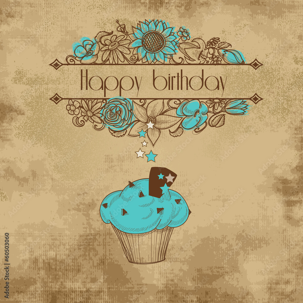 Vintage birthday party card, old paper background, floral frame Stock ...