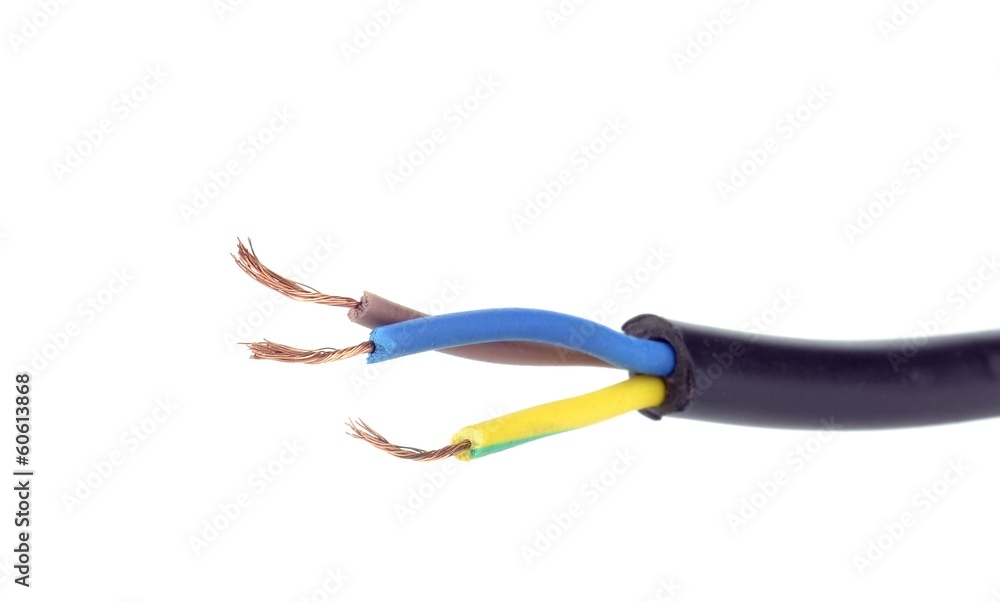 Electrical cable with positive negative and earth wires showing Stock ...