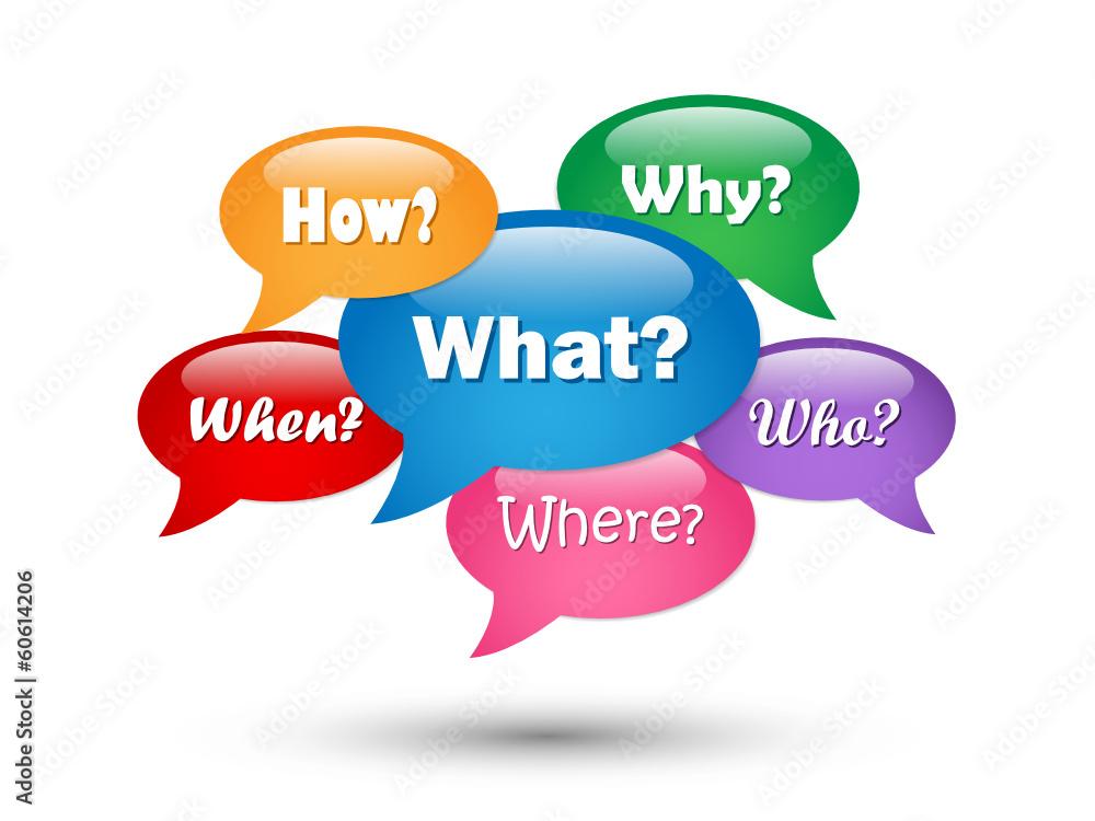 QUESTIONS SPEECH BUBBLES (balloons what where when who why how) Stock ...