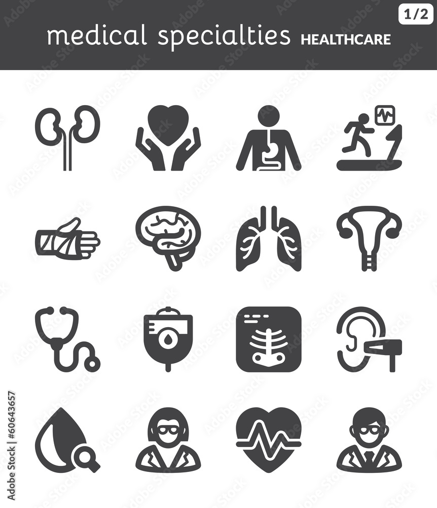Medical specialties. Healthcare flat icons. Black Stock Vector | Adobe ...