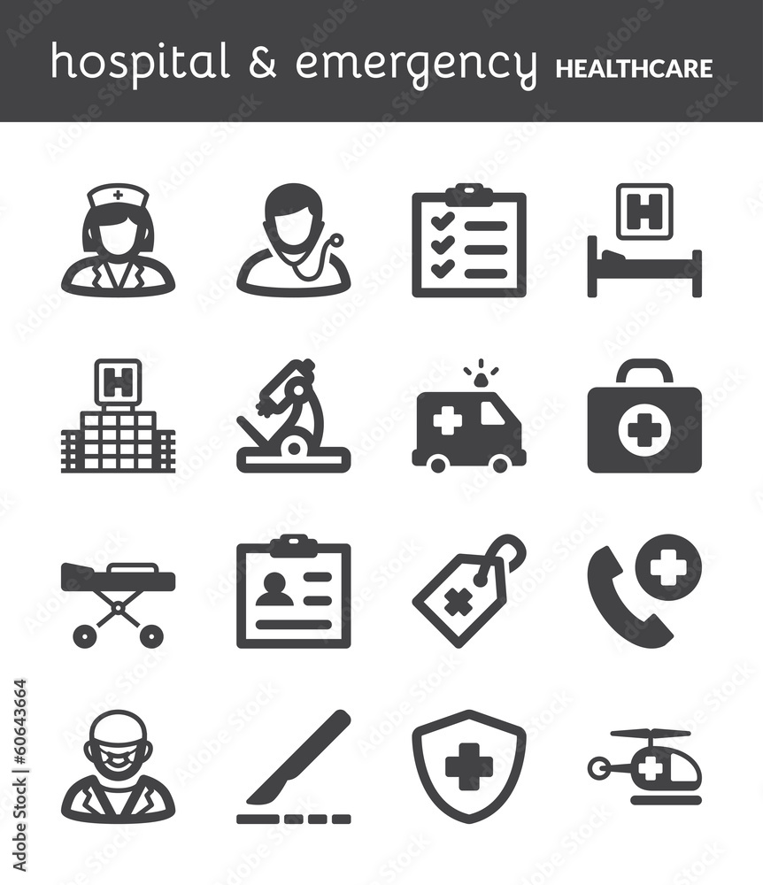 Hospital and emergency. Healthcare flat icons. Black Stock Vector ...