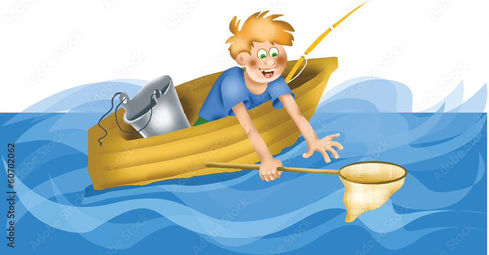 Cartoon fisherman with landing net Stock Vector | Adobe Stock