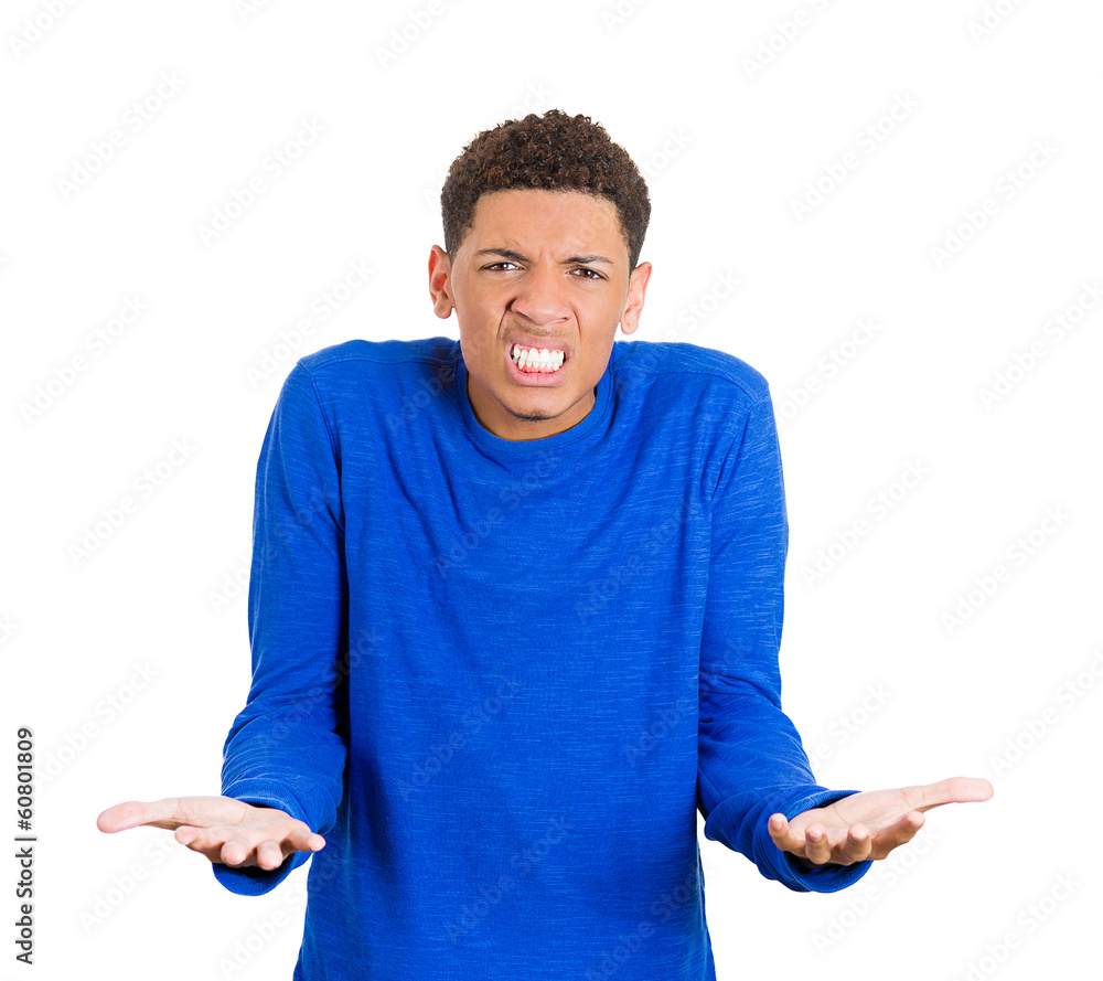 Angry man asking who cares? isolated white background Stock Photo ...