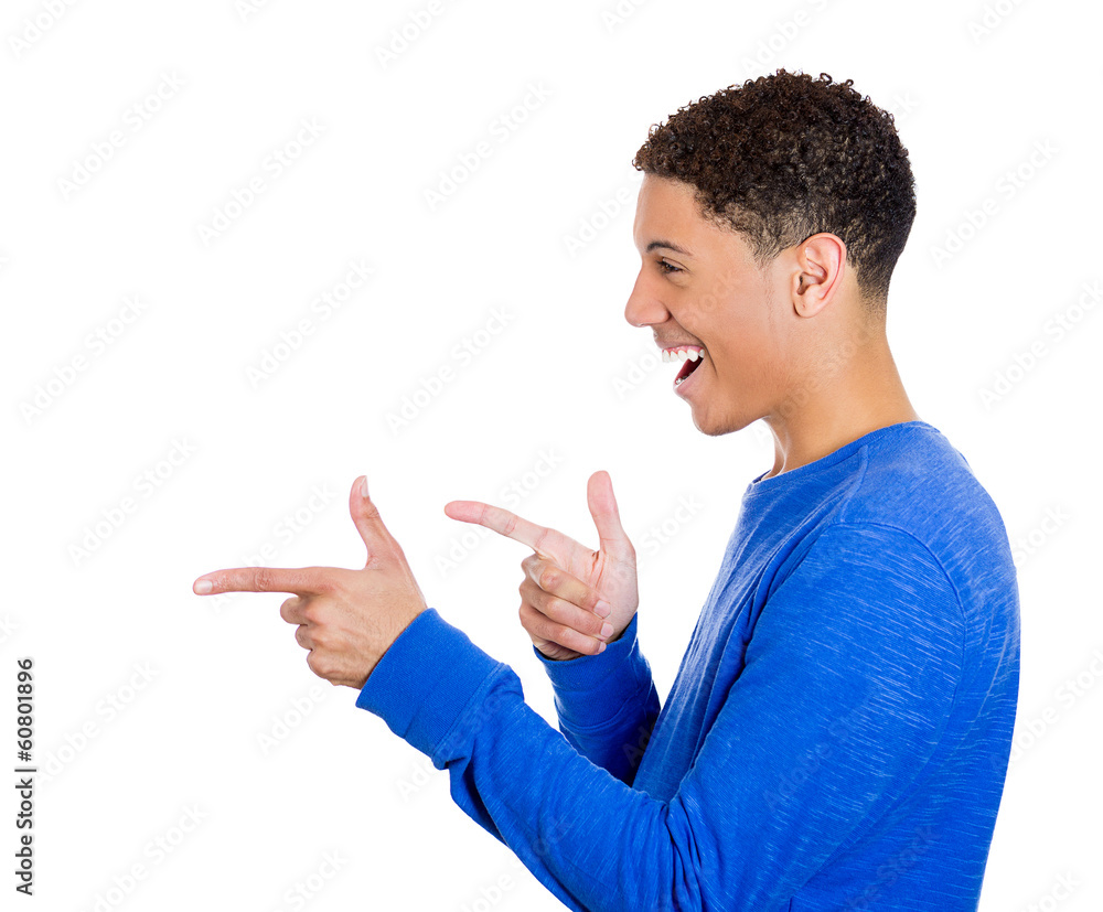 Side view portrait of a laughing man, pointing at someone Stock Photo ...