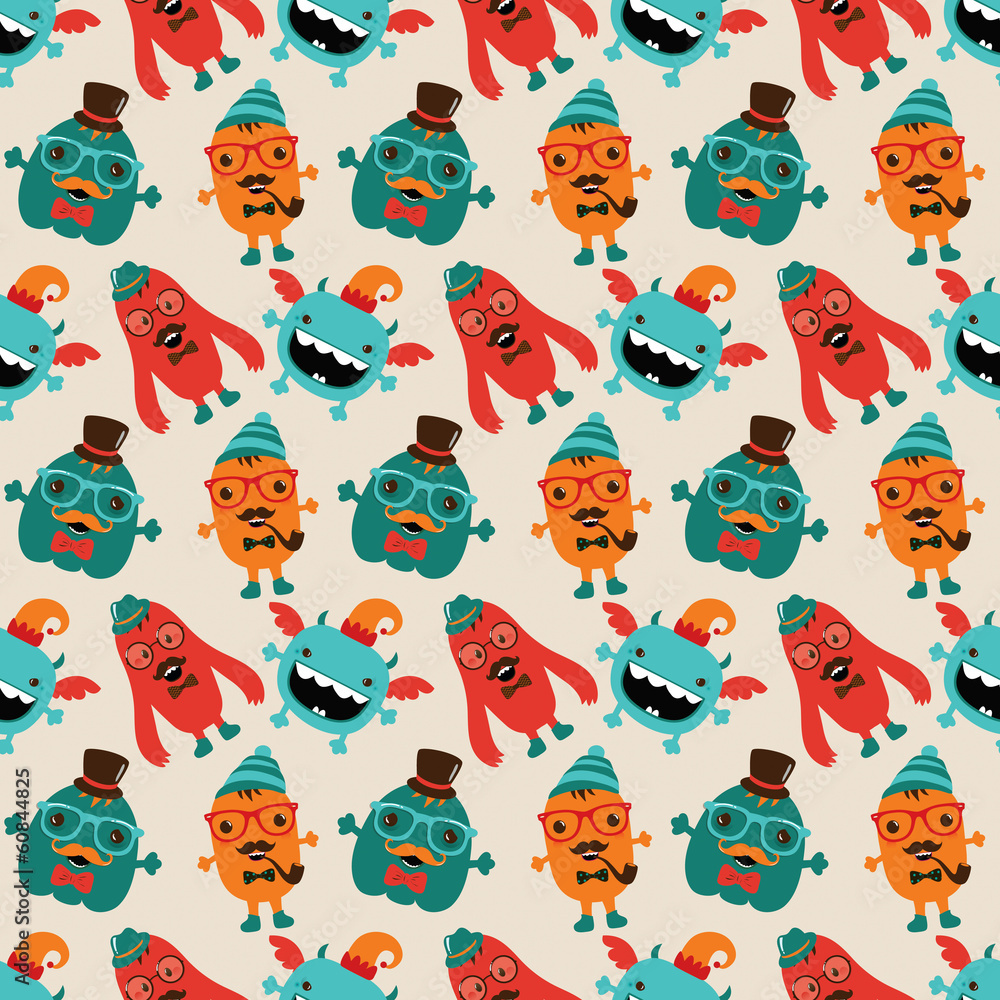 Vector Cute Retro Hipster Monsters Seamless Pattern, Background Stock ...