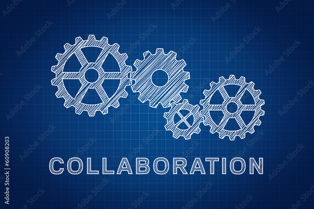 Collaboration Concept. Technical drawing of gears ilustração do Stock ...
