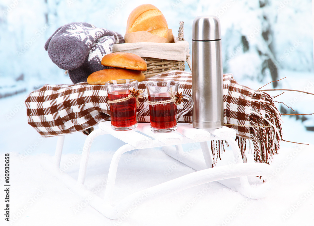 Winter still life on sled, on winter background Stock Photo | Adobe Stock