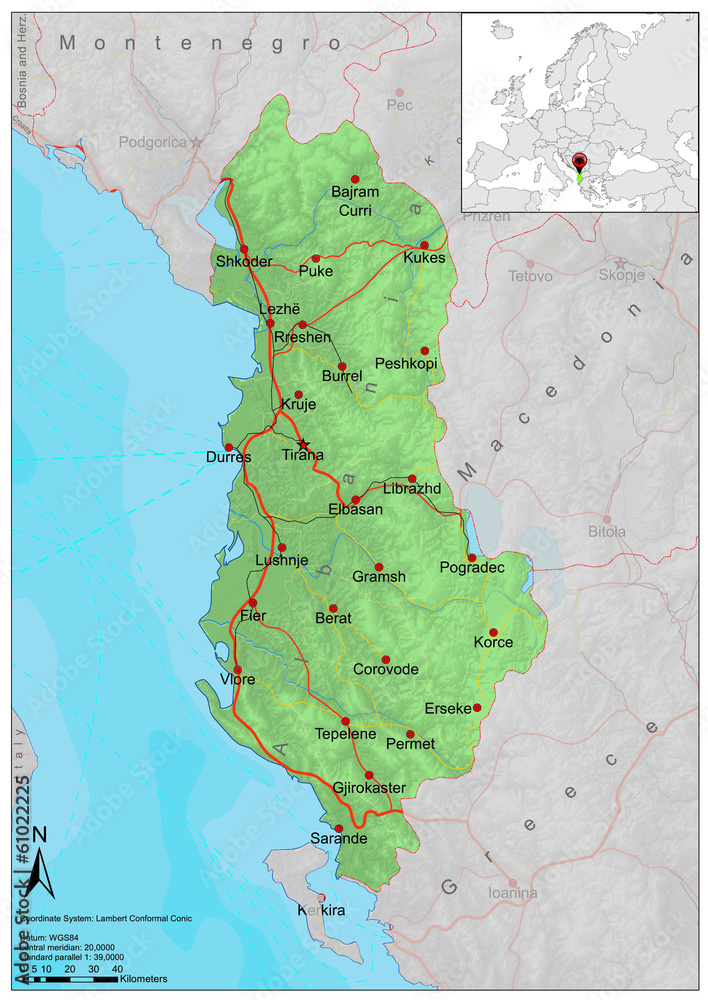 Albania road relief map Stock Vector | Adobe Stock