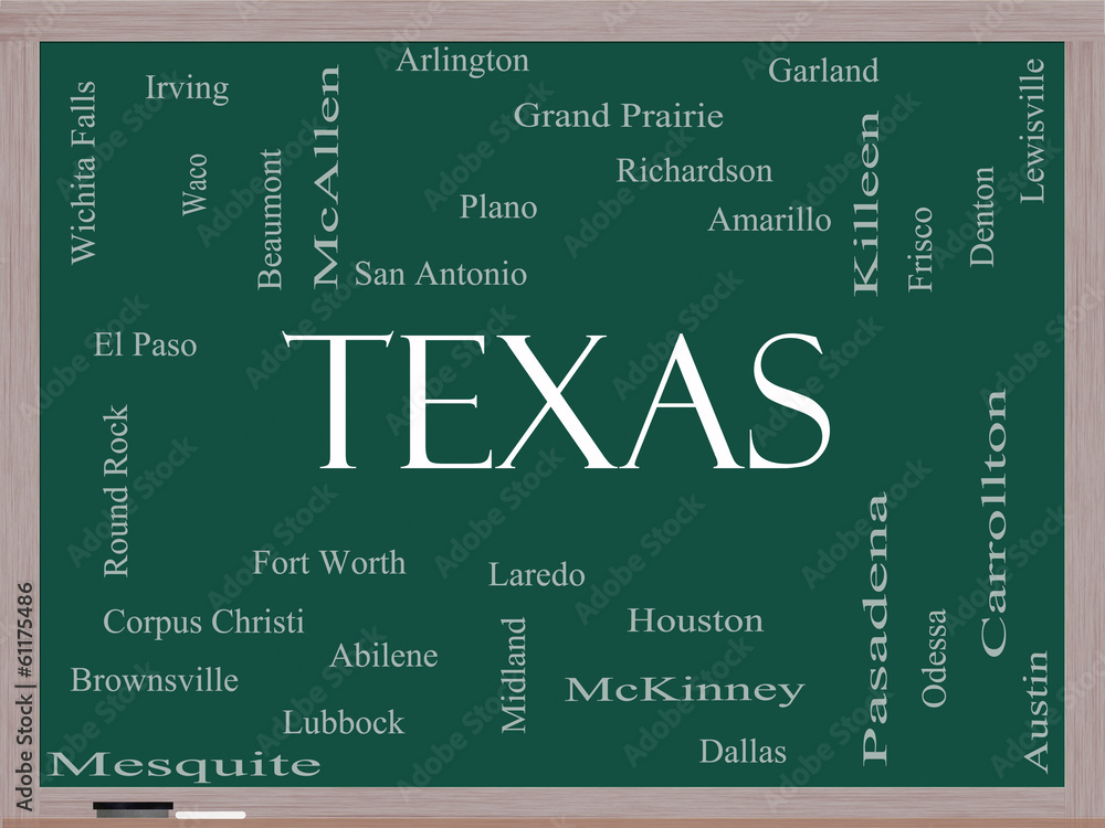 Texas State Word Cloud Concept on a Blackboard Stock Photo | Adobe Stock