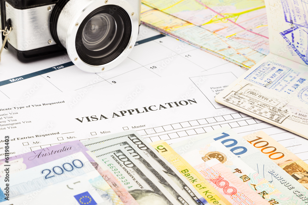 visa application form, passport, world currency and banknotes Stock ...