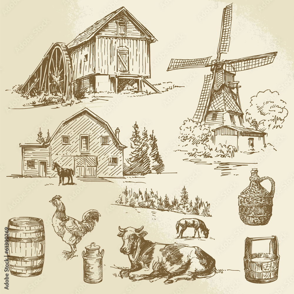 rural landscape, farm - hand drawn windmill and watermill Stock Vector ... rural landscape, farm - hand drawn windmill and watermill Stock Vector ...